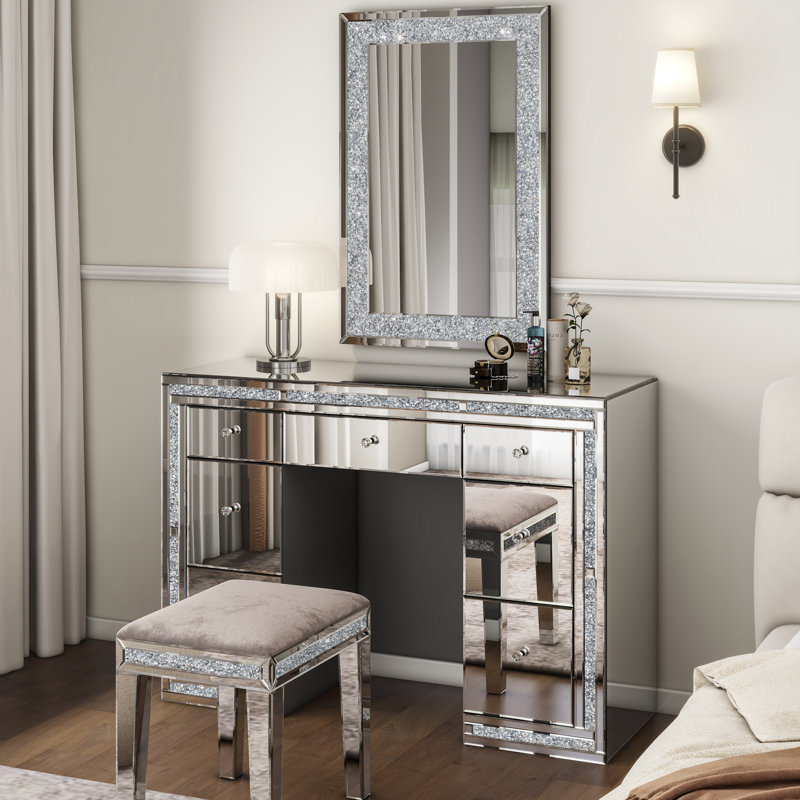 Everly Quinn Mariaha Mirrored Vanity Table 7 Drawer Reviews Wayfair